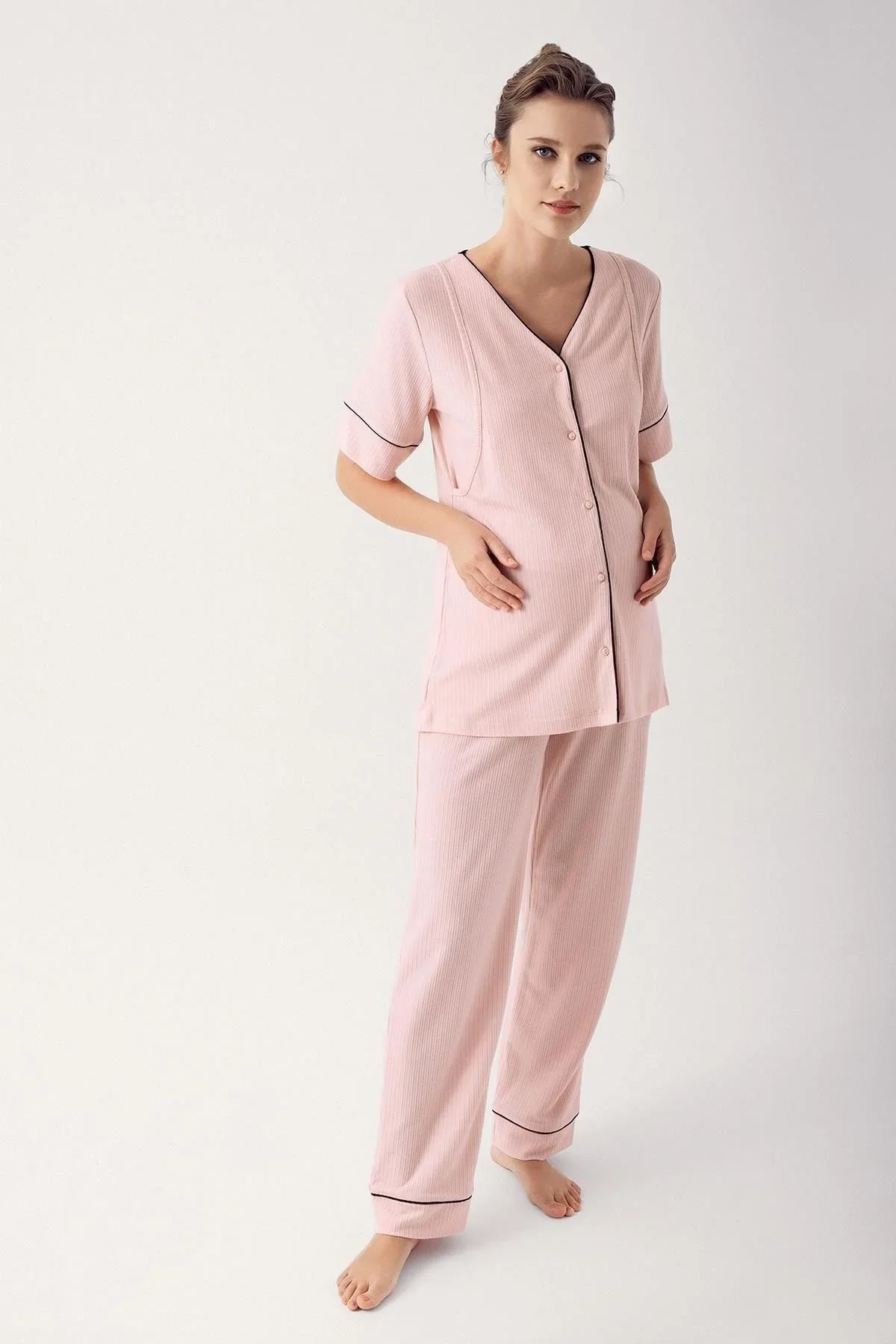 Düğmeli Kısa Kollu Esnek Viskoz Hamile Pijama Takımı 14209